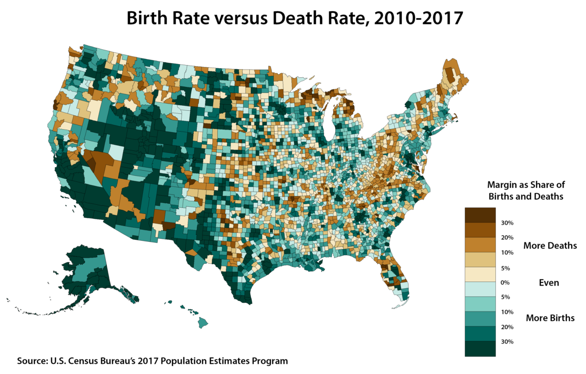 Map : Birth rate versus death rate by U.S. county [OC] – Infographic.tv ...