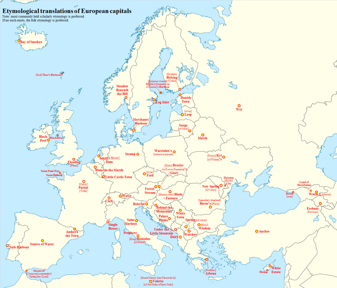Map : Etymological translations of European capitals - Infographic.tv ...
