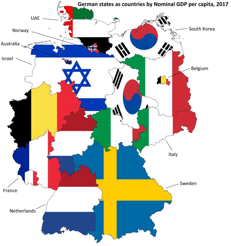Map : German states as countries by Nominal GDP per capita, 2017 ...