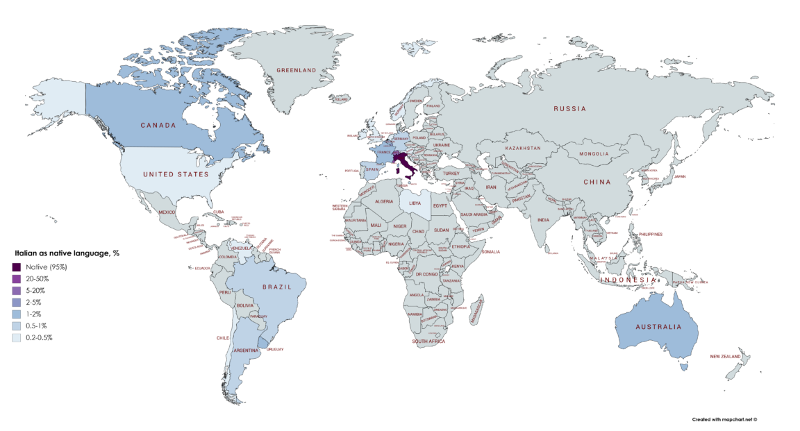 Map : Italian native speakers by country [6460 x 3480] [OC ...