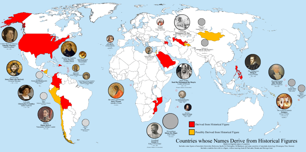 Map : Map showing the 18 to 28 people whose names live on in modern ...