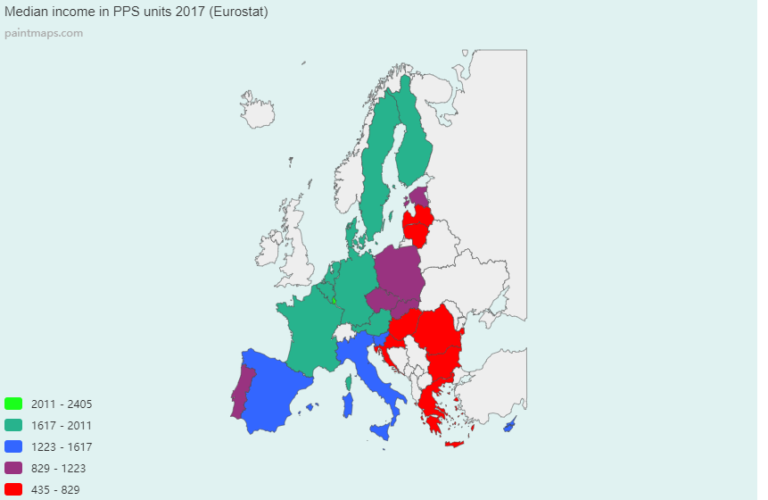 Map : Median income in PPS units 2017 (Eurostat) – Infographic.tv ...