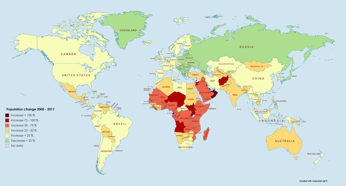 Map : Population change of world countries 2000 – 2017 [OC] [2000 x ...