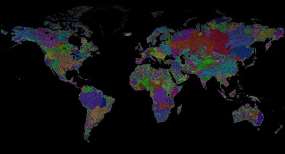 data visualization : River basins of the world in rainbow colours ...