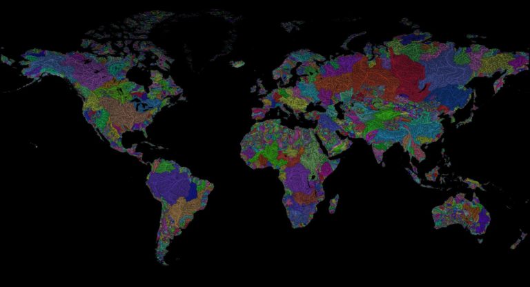 data visualization : River basins of the world in rainbow colours [2000 ...