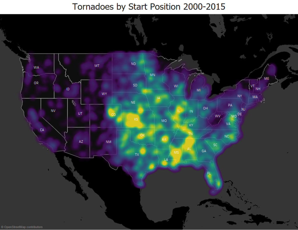 data visualization : Tornadoes by Start Position 2000-2015 [OC ...