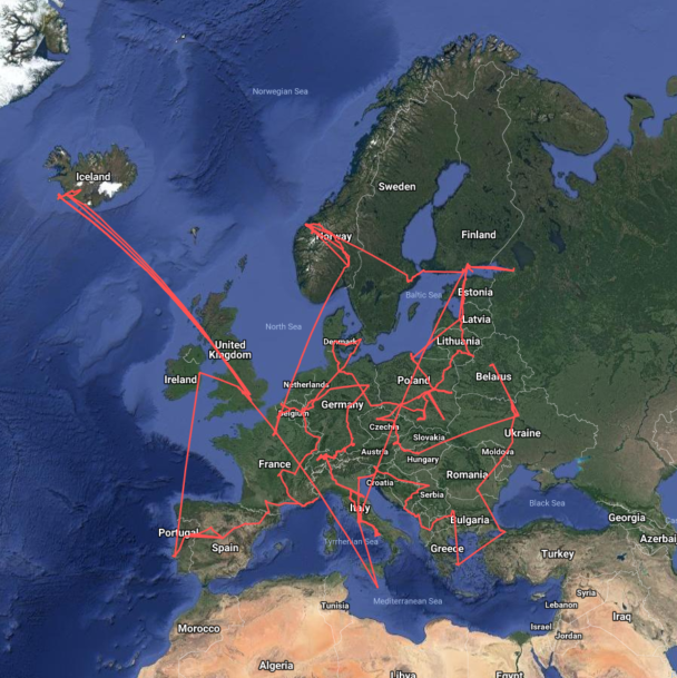 Map : 50,000 km, 164 days and 45 countries! My travels mapped out. [OC ...