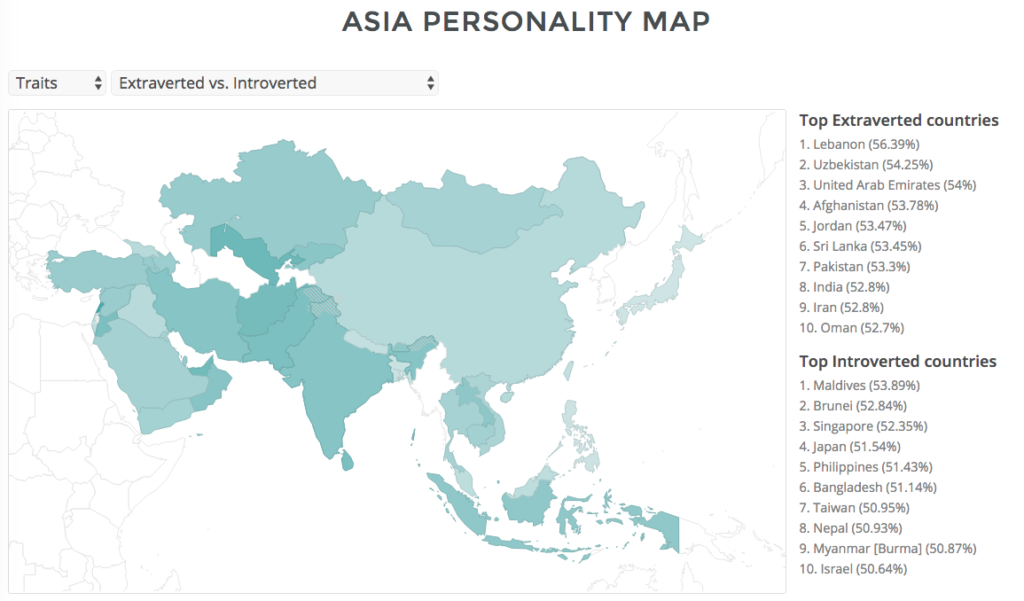 Map : Asia Personality Test Map Extraverted vs. Introverted According ...
