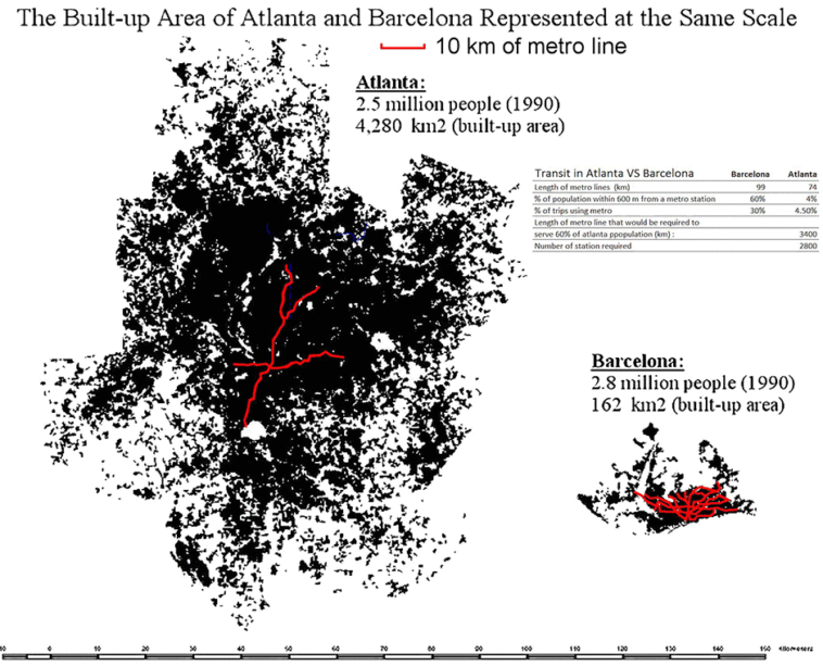 Map : Atlanta vs Bareclona — urban sprawl (1990) - Infographic.tv ...
