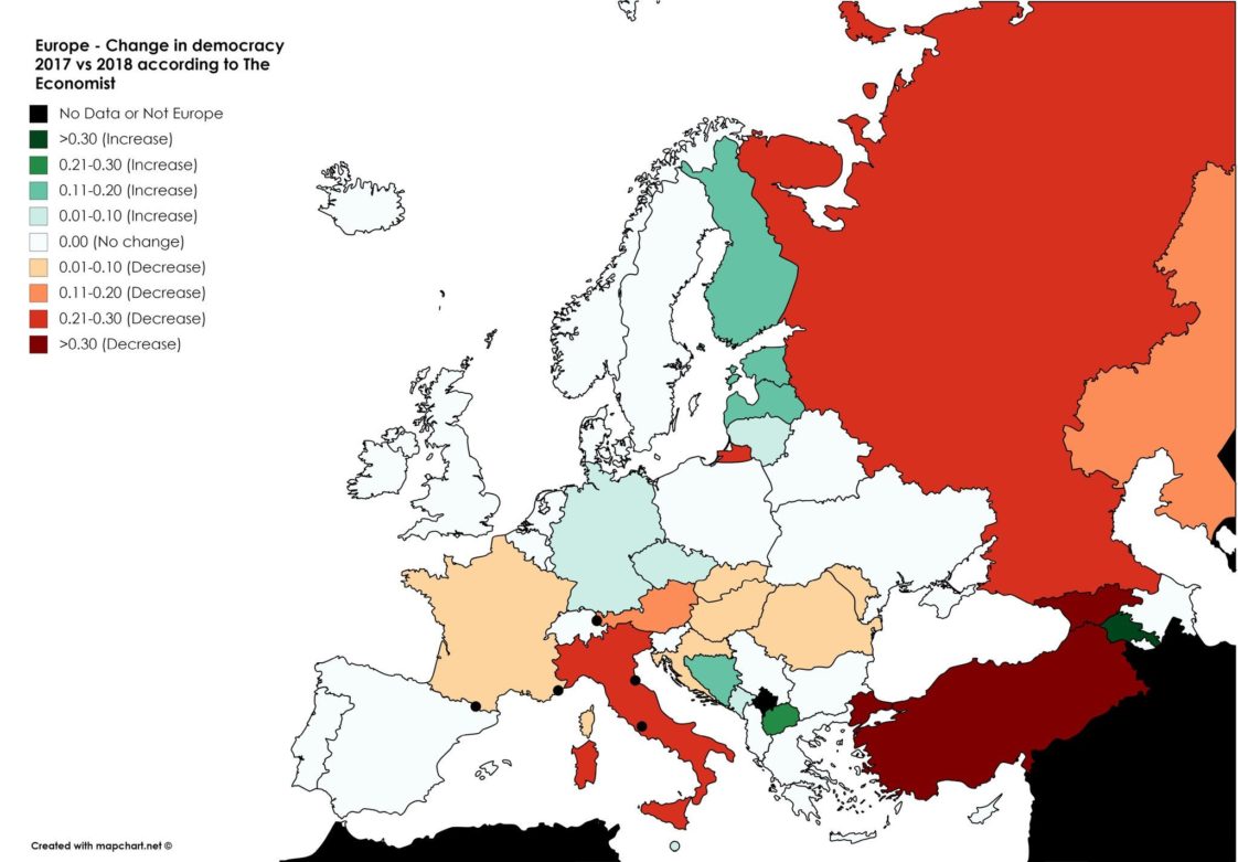Map : Change in democracy index score from 2017 to 2018 in Europe ...