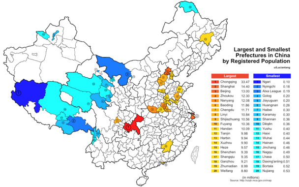 Map : China: largest and smallest prefectures by population [OC ...