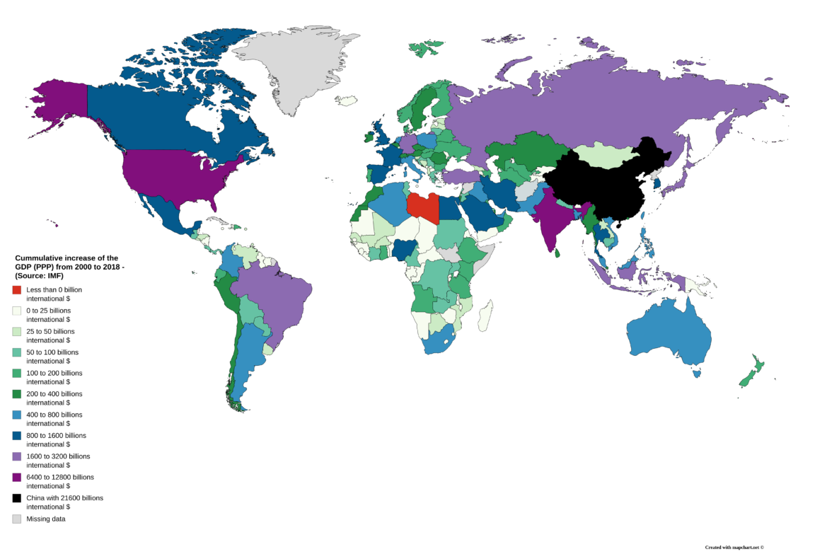 Map : Cummulative increase of the GDP (PPP) from 2000 to 2018 – (Source ...