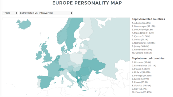 Map : Europe Personality Test Map Extraverted vs. Introverted According ...