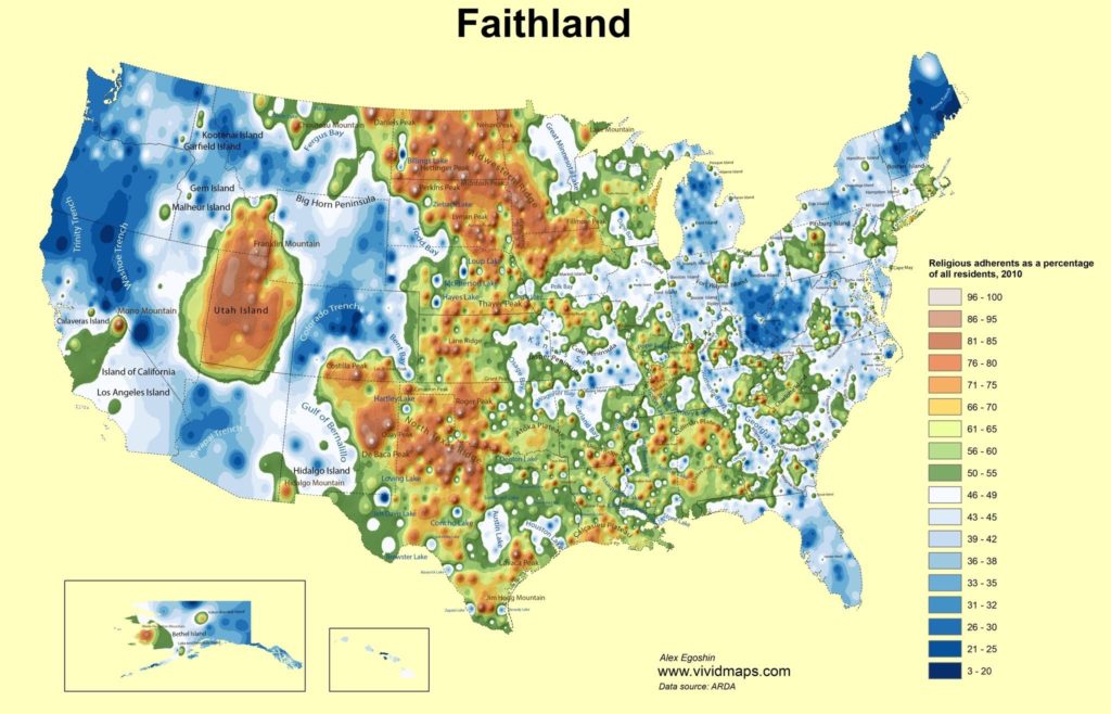 Map : Faithland – Religious adherents as % of all residents (US ...