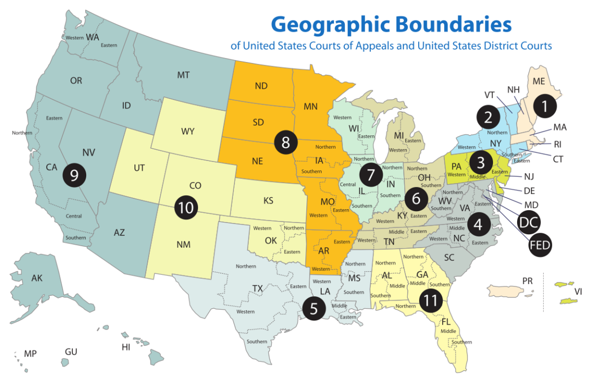 Map : Geographic boundaries of US Courts of Appeals and District Courts ...