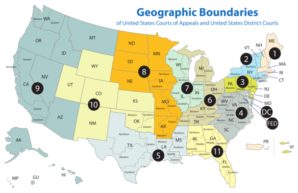 Map : Geographic boundaries of US Courts of Appeals and District Courts ...