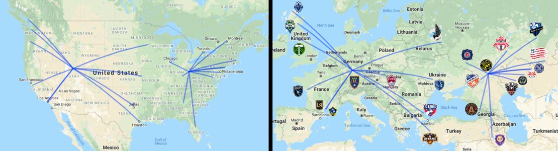 Map : MLS clubs remapped to equivalent distances across Europe (cross ...
