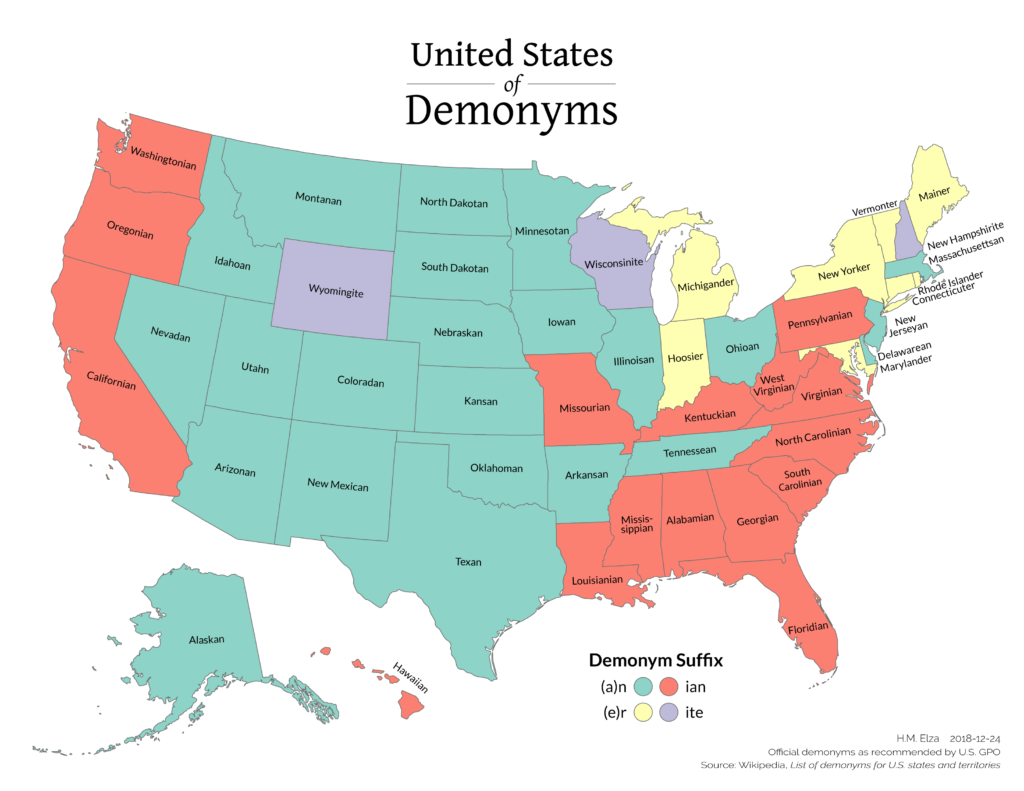 Map : Names of Citizens of Each State – United States of Demonyms ...
