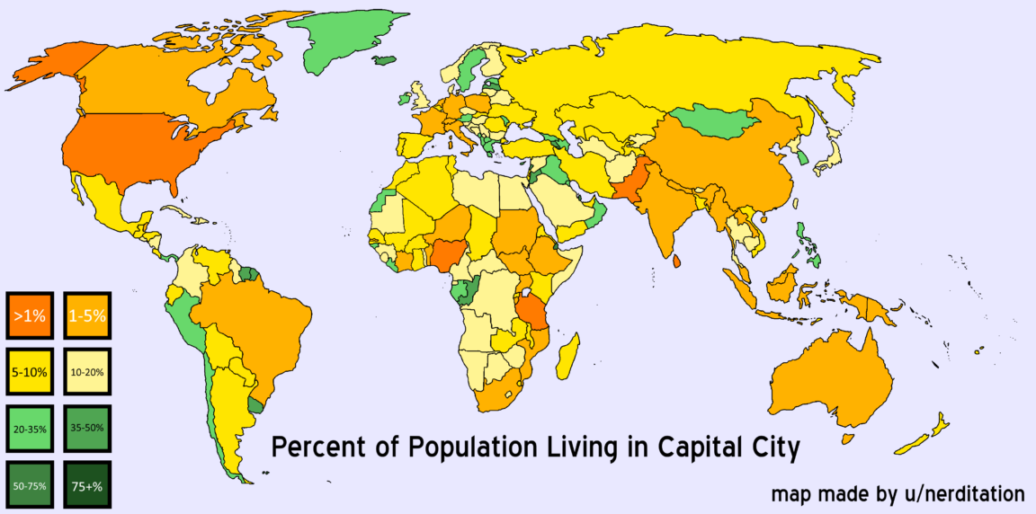 Map : [OC] Percentage of Countries’s Population Living in the Capital ...