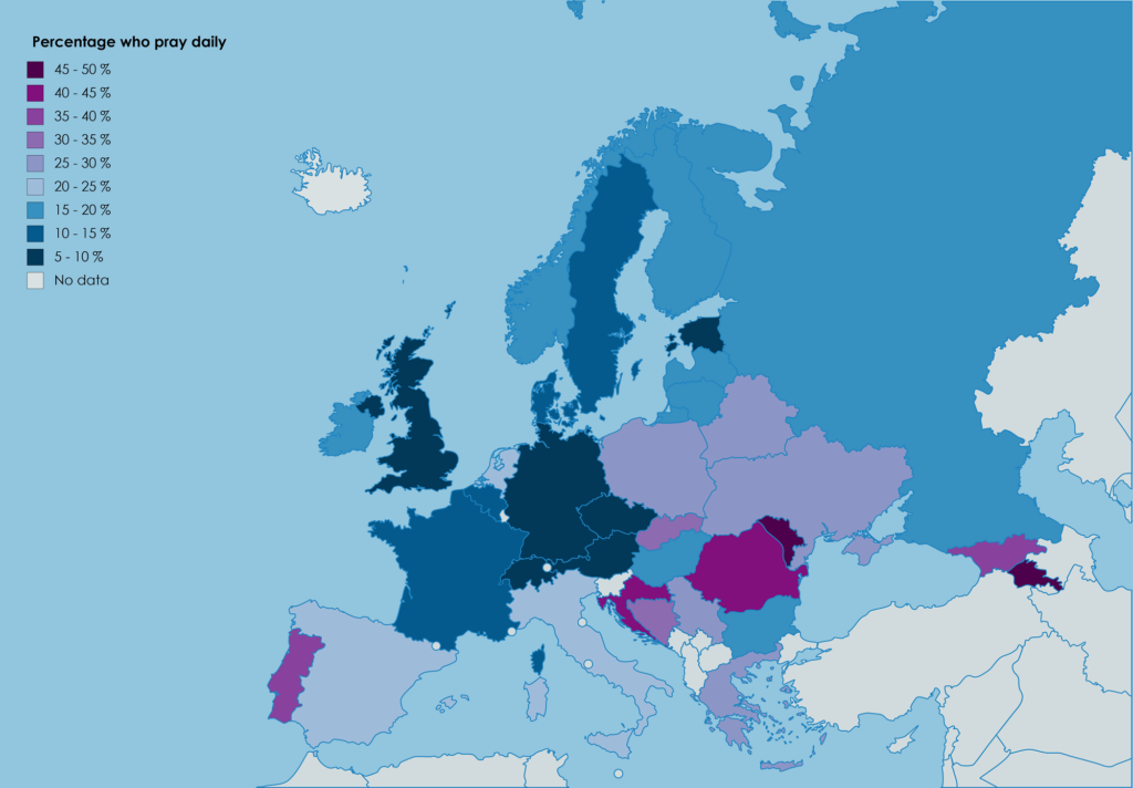 Map : Percentage of Europeans who pray daily [OC] [2000 x 1400 ...
