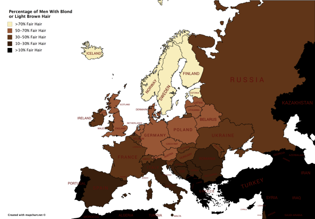 Map : Percentage of Men with Blond/Red/Light Brown Hair in Europe ...
