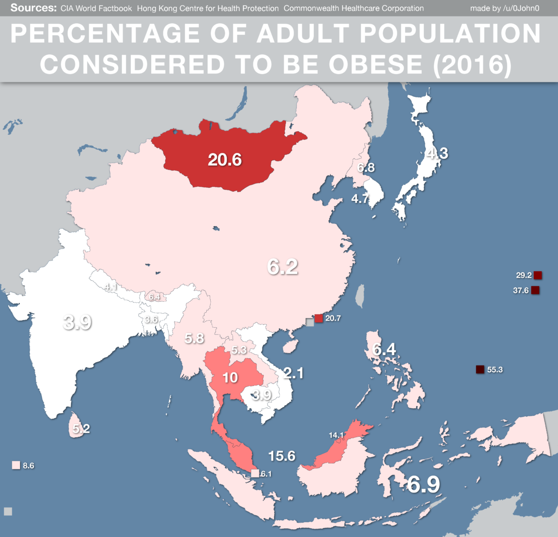 Map : Percentage of adult population considered to be obese in Asia [OC ...
