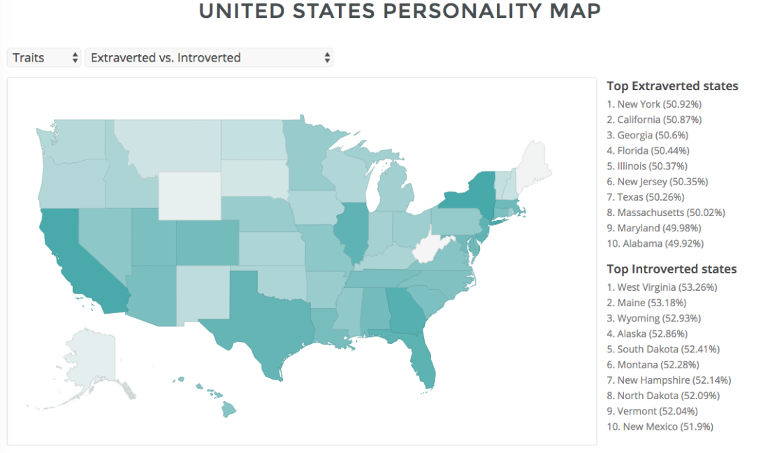 Map : USA Personality Test Map Extraverted vs. Introverted According to ...