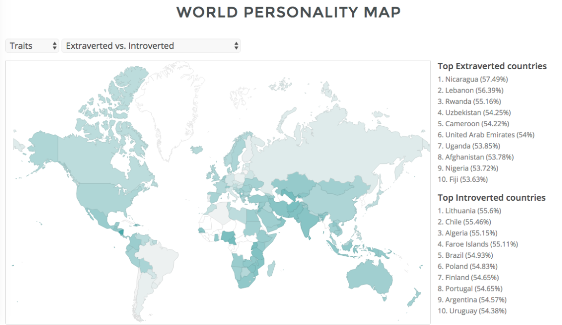 Map : World Personality Test Extraverted vs. Introverted According to ...