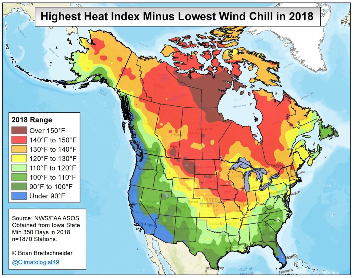 data visualization : Heat Index minus Wind Chill across North America ...