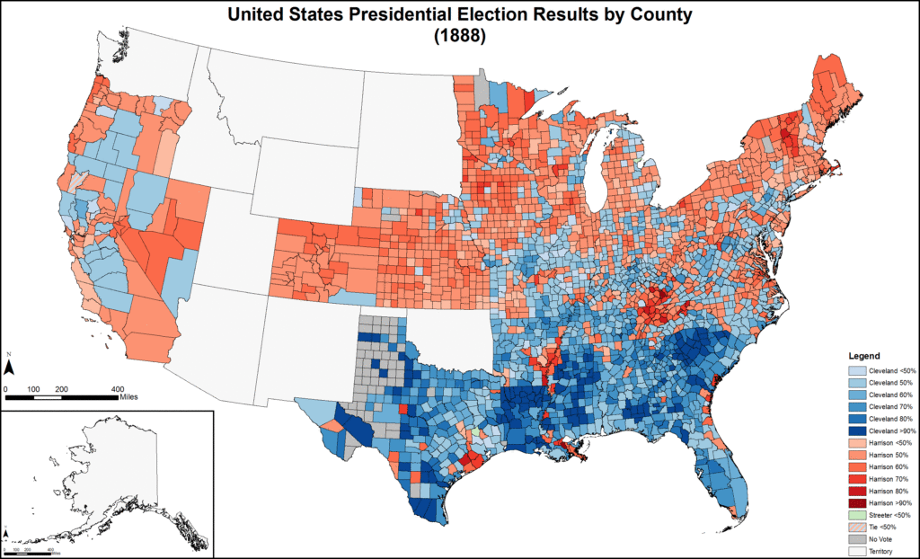 Map : A county map of the 1888 US presidential election (Cleveland vs ...