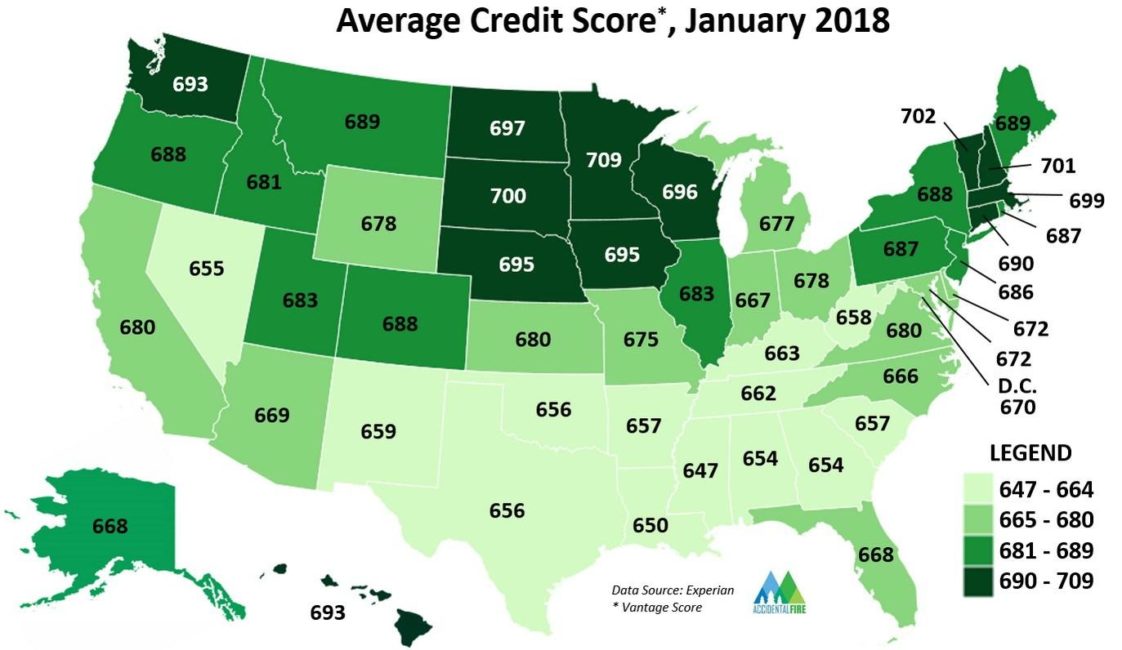 Map : Average Credit Score by State, January 2018 – Infographic.tv ...