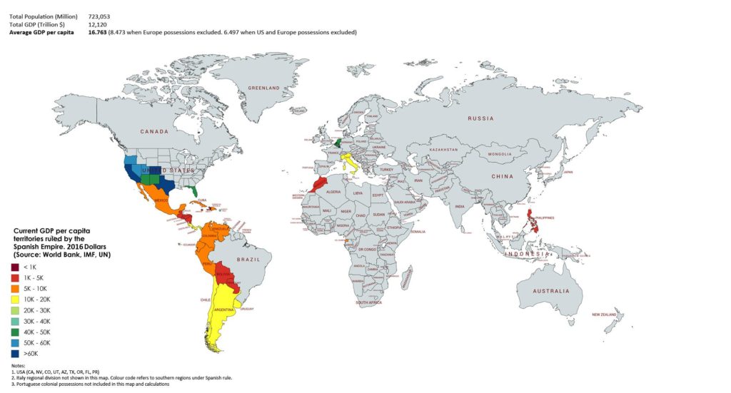 Map : Current GDP per capita of former territories ruled by the Spanish ...