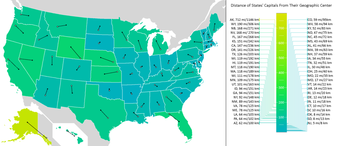 Map : Fixed Distance of States’ Capitals From Their Geographical Center ...
