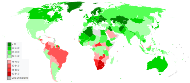 Map : Income Inequality (World Bank Gini coefficient) (OC ...
