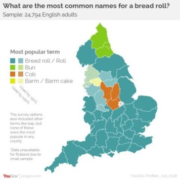Map : Map of England based on most common term for a bread roll ...