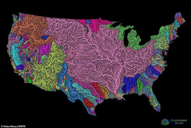 Map : Map shows every river basin of the US with a different color and ...