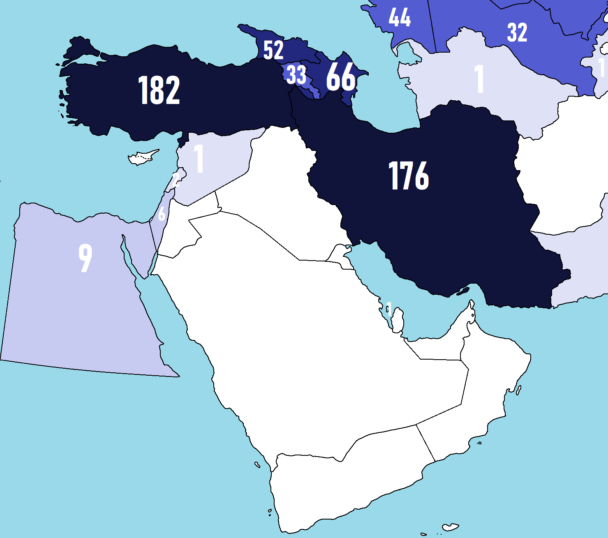 Map : Medals in Wrestling (World Wrestling Championships) in Middle ...