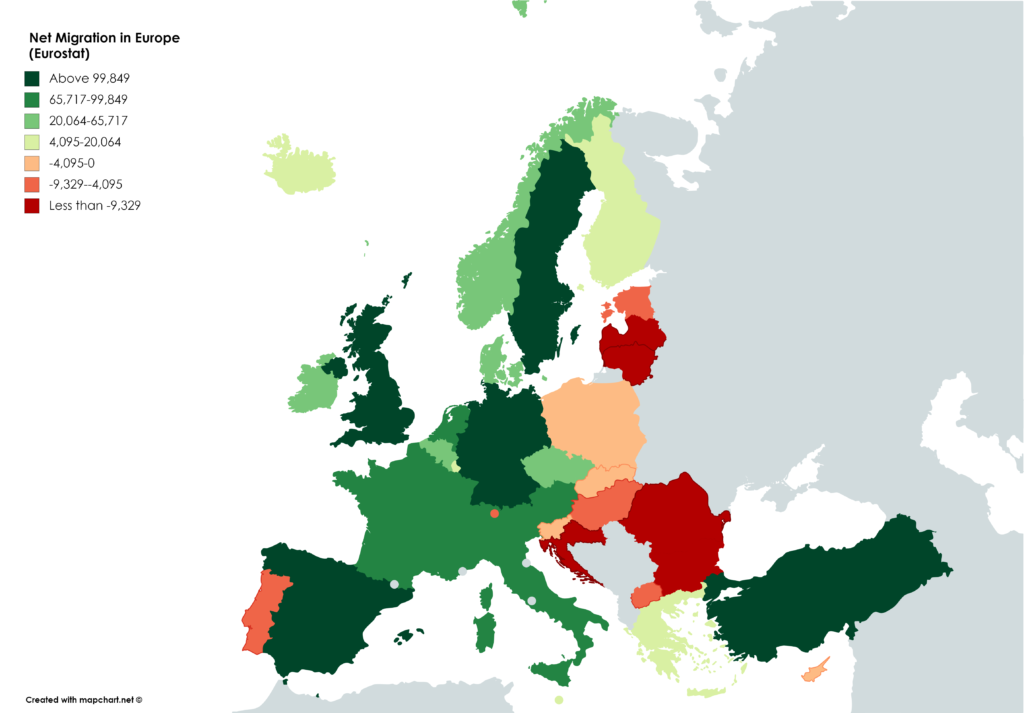 Map : Net Migration In Europe (Eurostat 2017) – Infographic.tv – Number ...