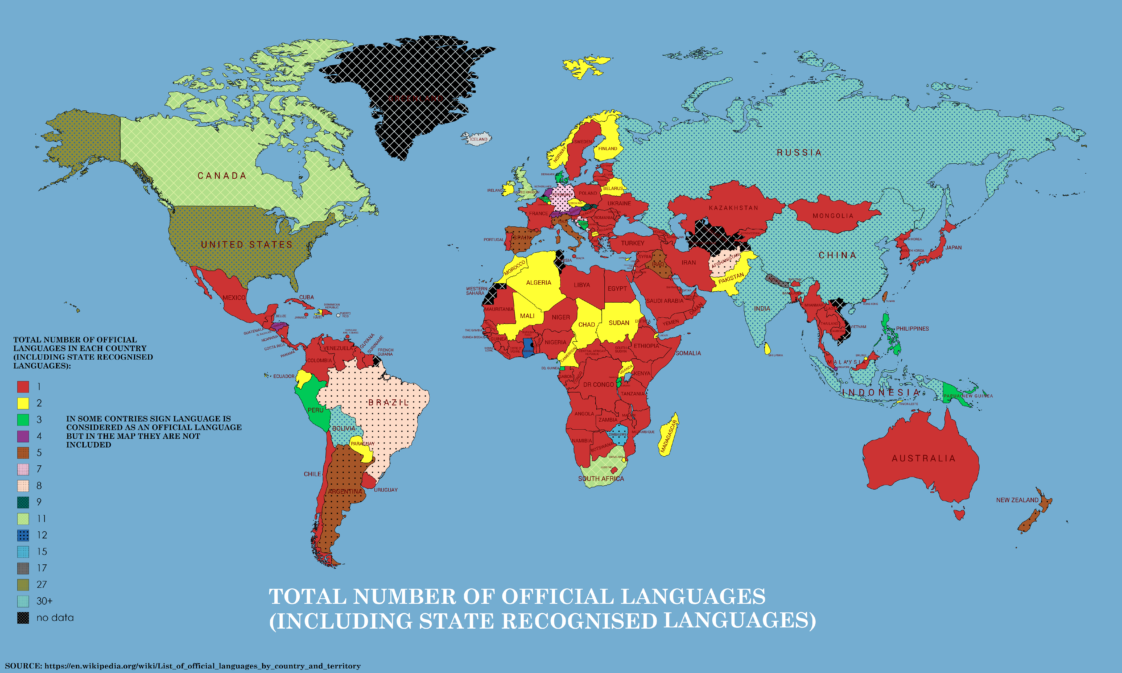 Map : Number of official languages in each country (including the ...