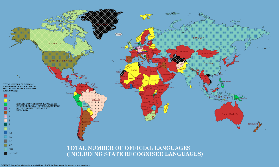 Map : Number of official languages in each country (including the ...