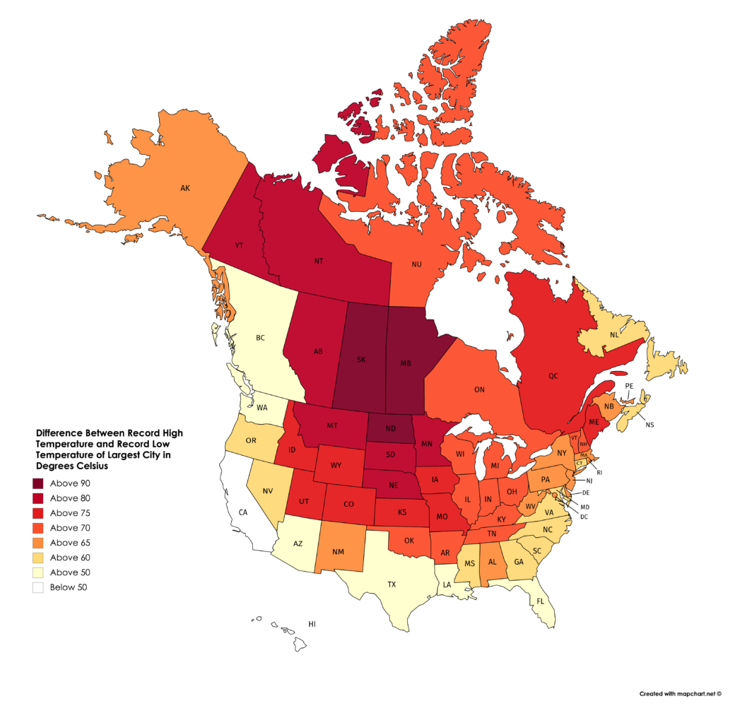 Map : [OC] Differences Between High and Low Temperature Extremes in the ...