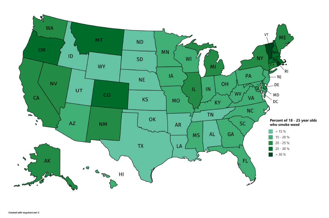 Map : Percentage of people between 18-25 who smoke weed by state ...