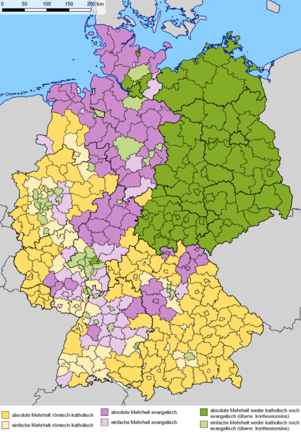 Map : Religion map of Germany 2011 (Yellow: Catholic, Purple ...