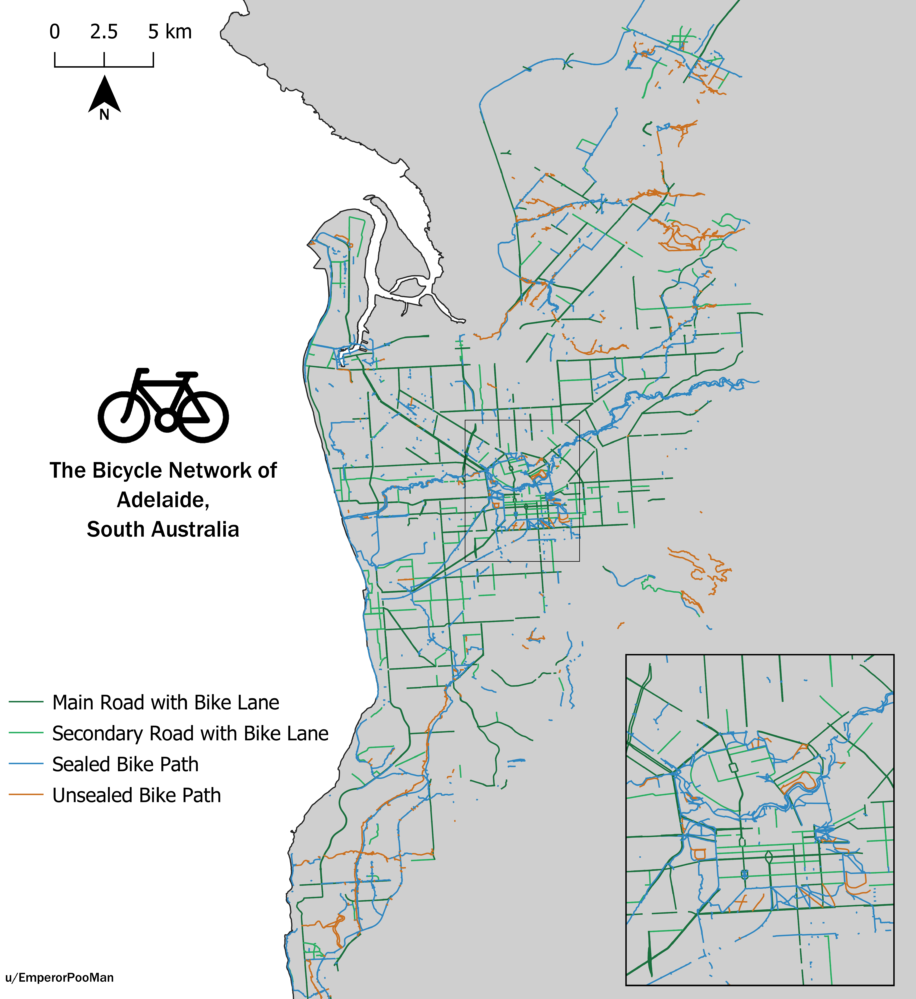 Map : The Bicycle network of Adelaide, South Australia [OC ...