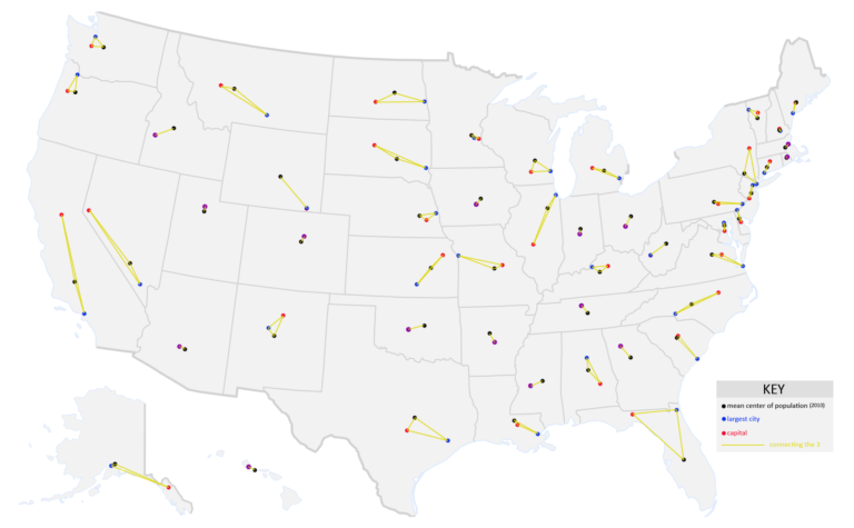 Map : The “triangle” between each US state’s capital, largest city, and ...