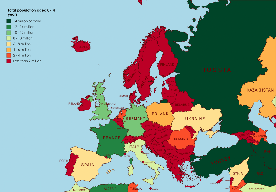 Map : Total population aged 0-14 years of European countries [OC] [2000 ...