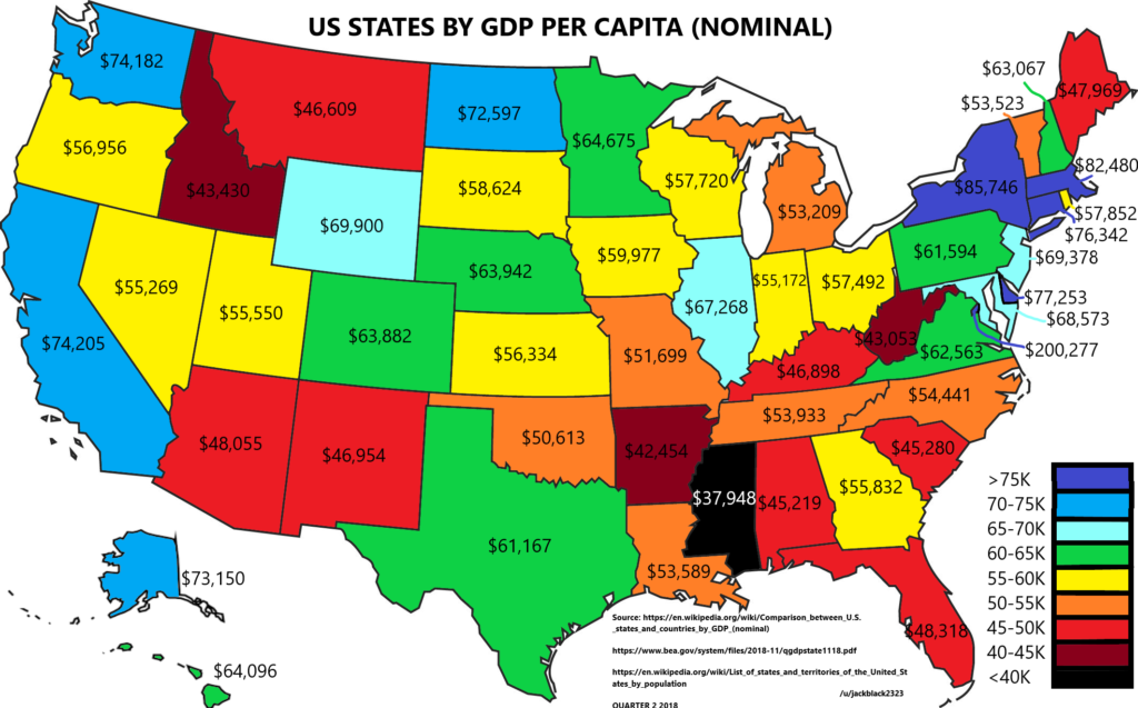 Map : US States by GDP per capita nominal (Q2 2018) [1125x700] [OC ...