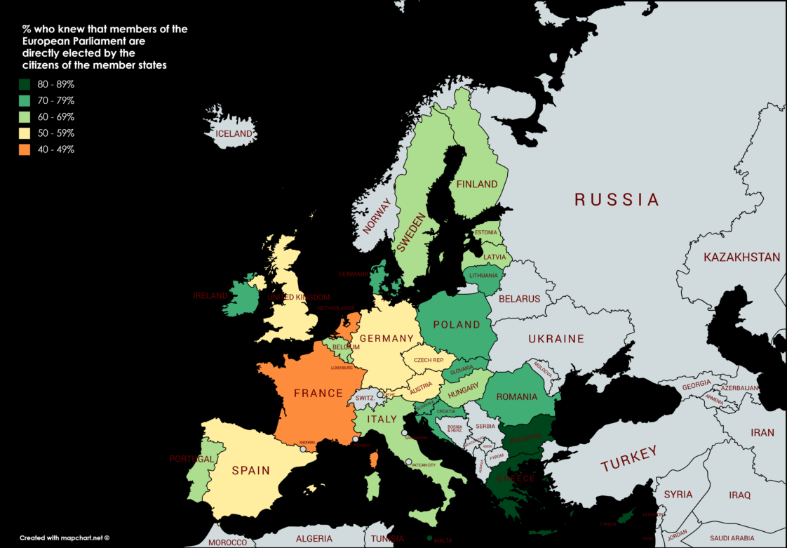 Map : % who knew that Members of the European parliament are directly ...
