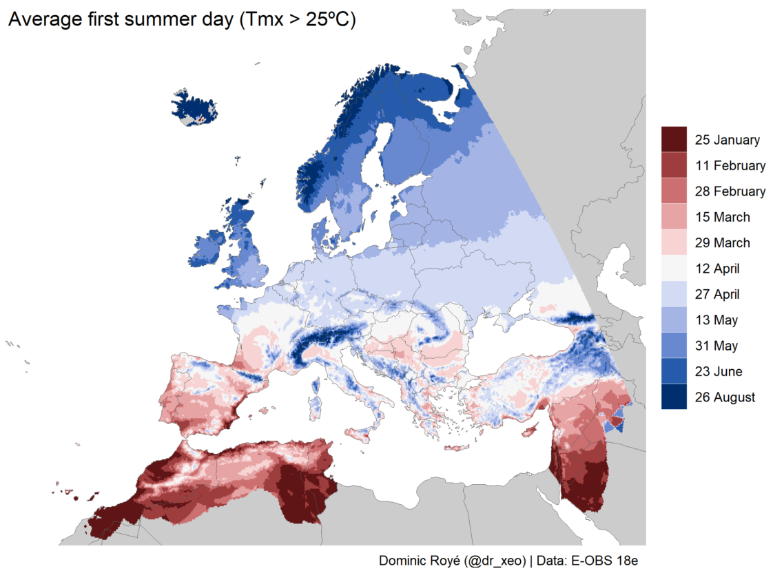 data visualization : Average first summer day (maximum temperature ...