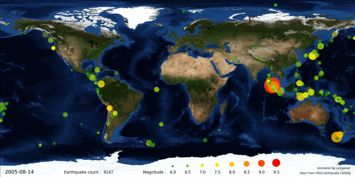 data visualization : Earthquakes of magnitude 6+ since 1900 [OC ...